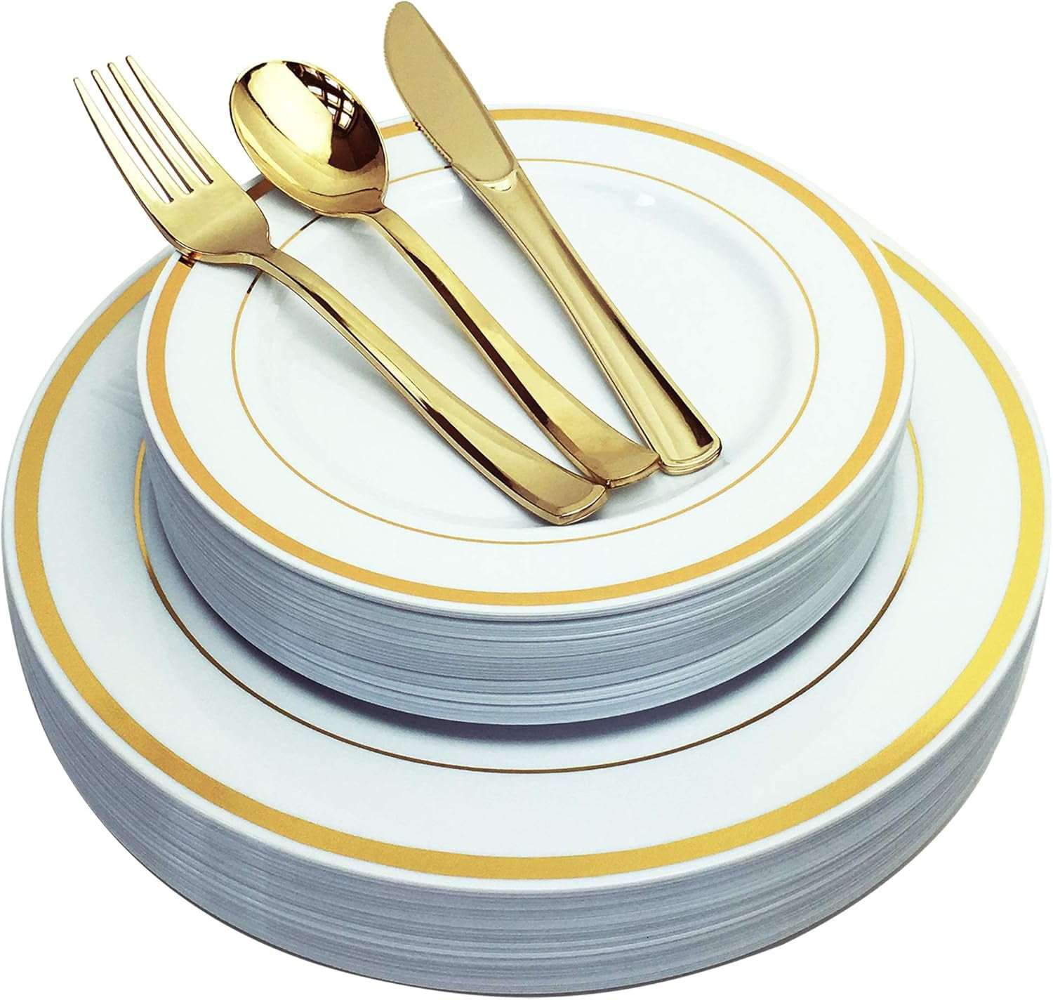 Gold Plastic Plates & Cutlery Set - 125 Piece - Reusable & Recyclable ...