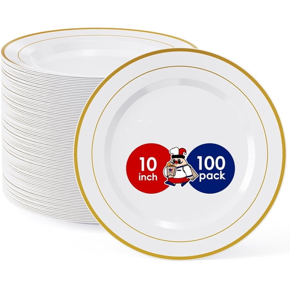 Gold Plastic Plates, Elegant Disposable Dinner White with Gold Rim ...