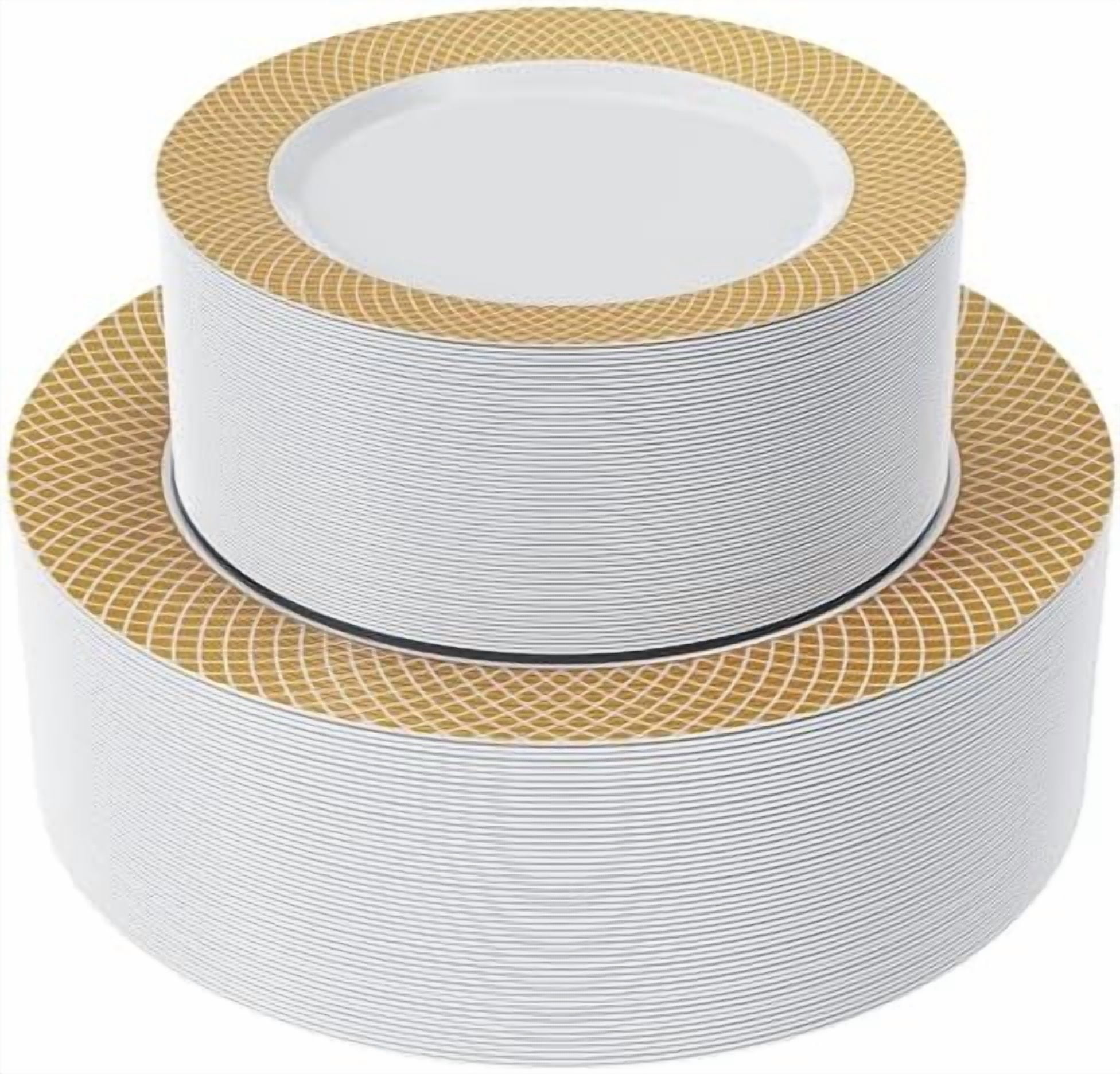 Gold Plastic Plates Set of 102, Disposable Plates with Gold Grid Rim 51 ...