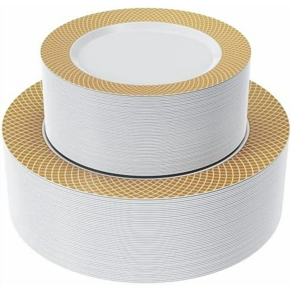 Gold Plastic Plates Set of 102, Disposable Plates with Gold Grid Rim 51 ...