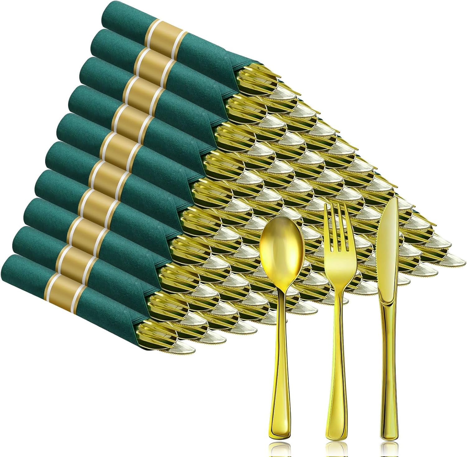 Gold Plastic Silverware Pre-Rolled with Green Napkins, 60-Pack Rolled ...