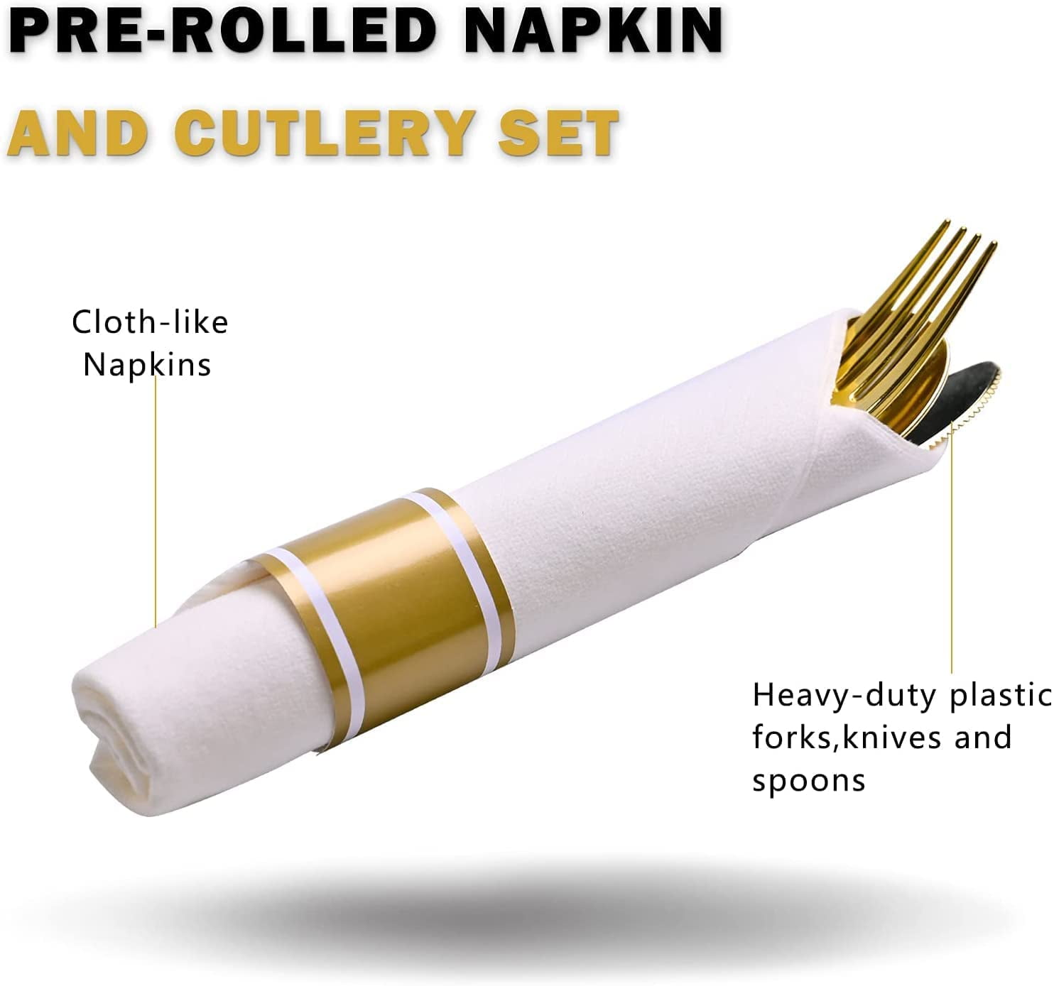Gold Plastic Silverware Set - 60 Pre Rolled Napkin And Cutlery Set ...