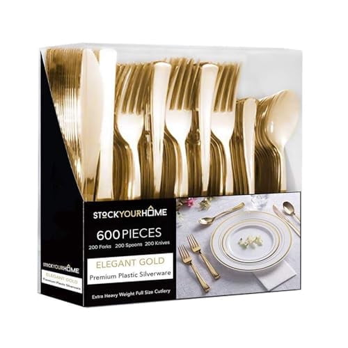 Gold Plastic Silverware Set (600-Pack) – Disposable Heavy Duty Cutlery ...