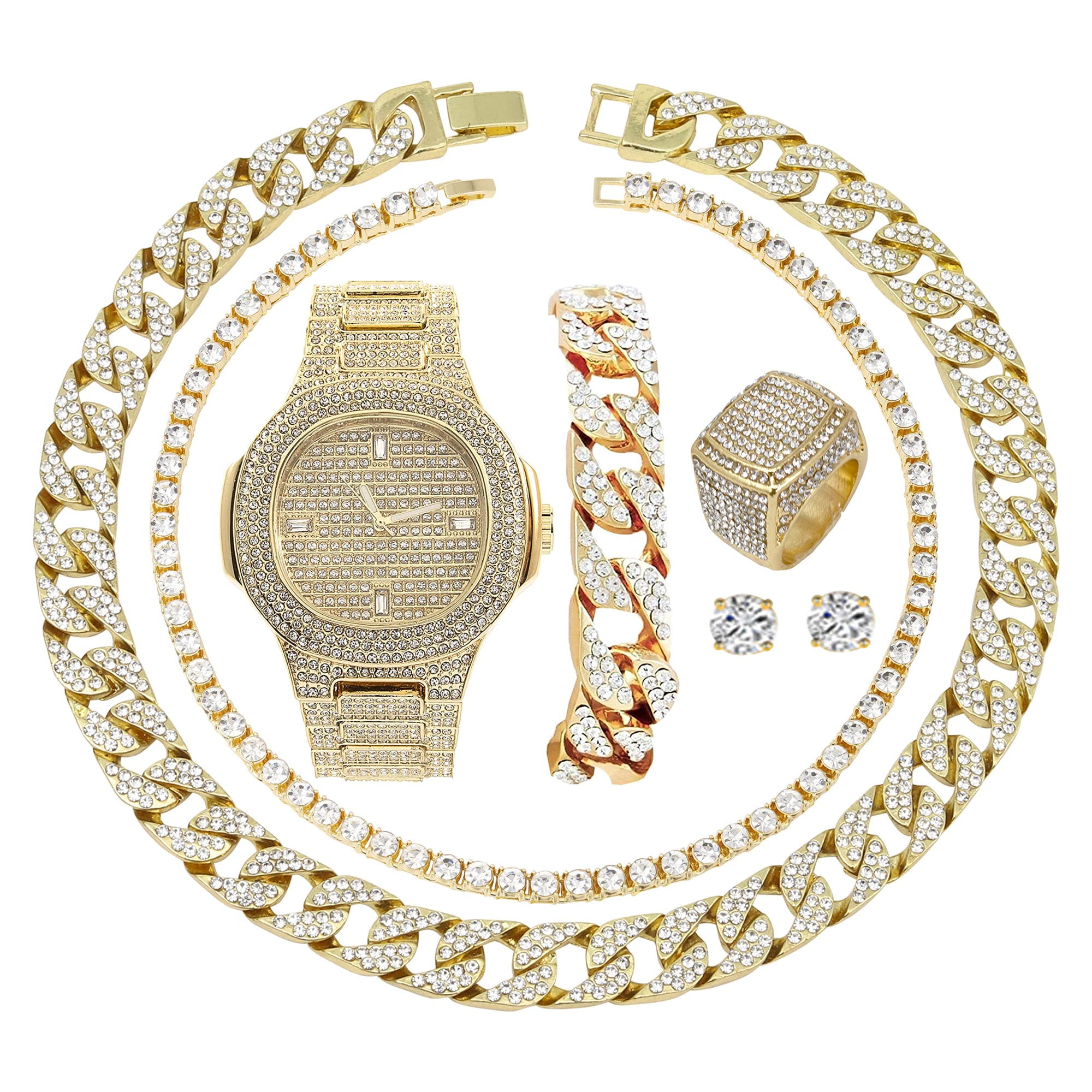 Gold Plated Iced Hip Hop Jewelry Sets: Men's Watch, Cuban Chain ...