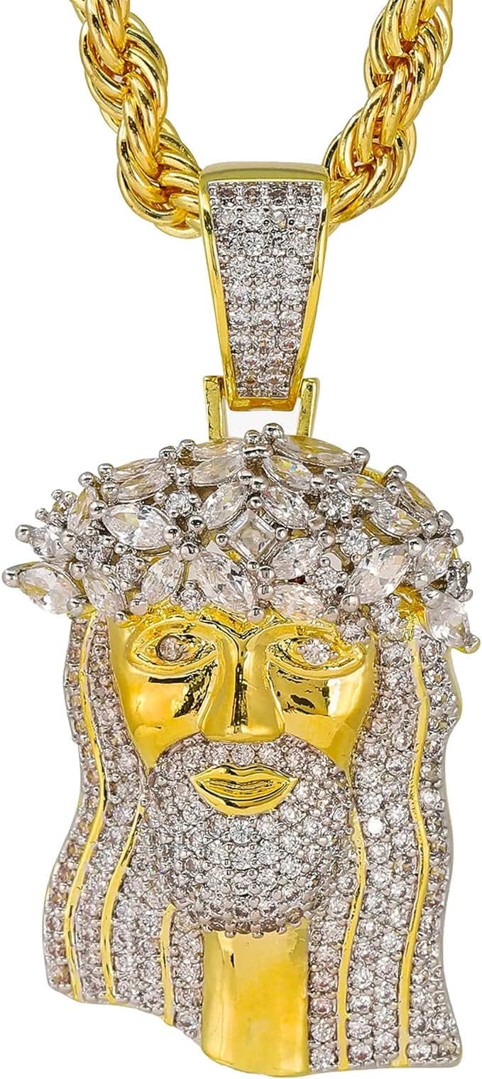 Gold Plated Brass Iced Holy JESUS HEAD Cubic Zirconia Pendant & 3mm 20 ...