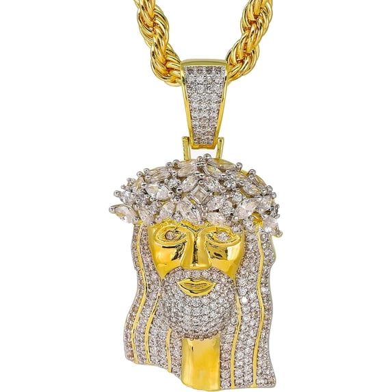 Gold Plated Brass Iced Holy JESUS HEAD Cubic Zirconia Pendant & 3mm 20 ...