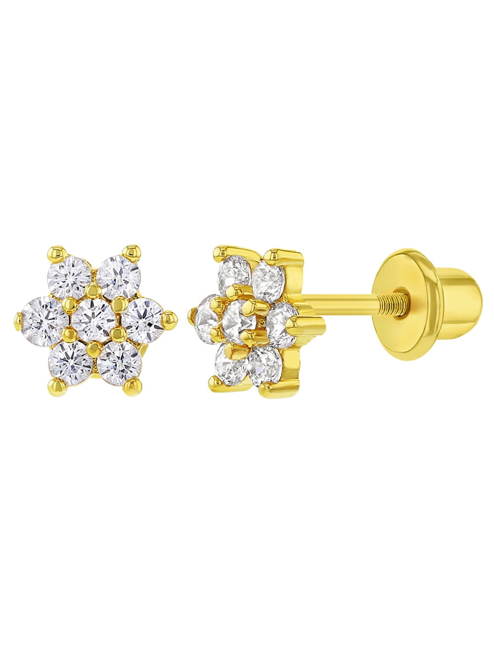 Gold Plated Clear CZ Flower Safety Screw Back Earrings for Infants ...