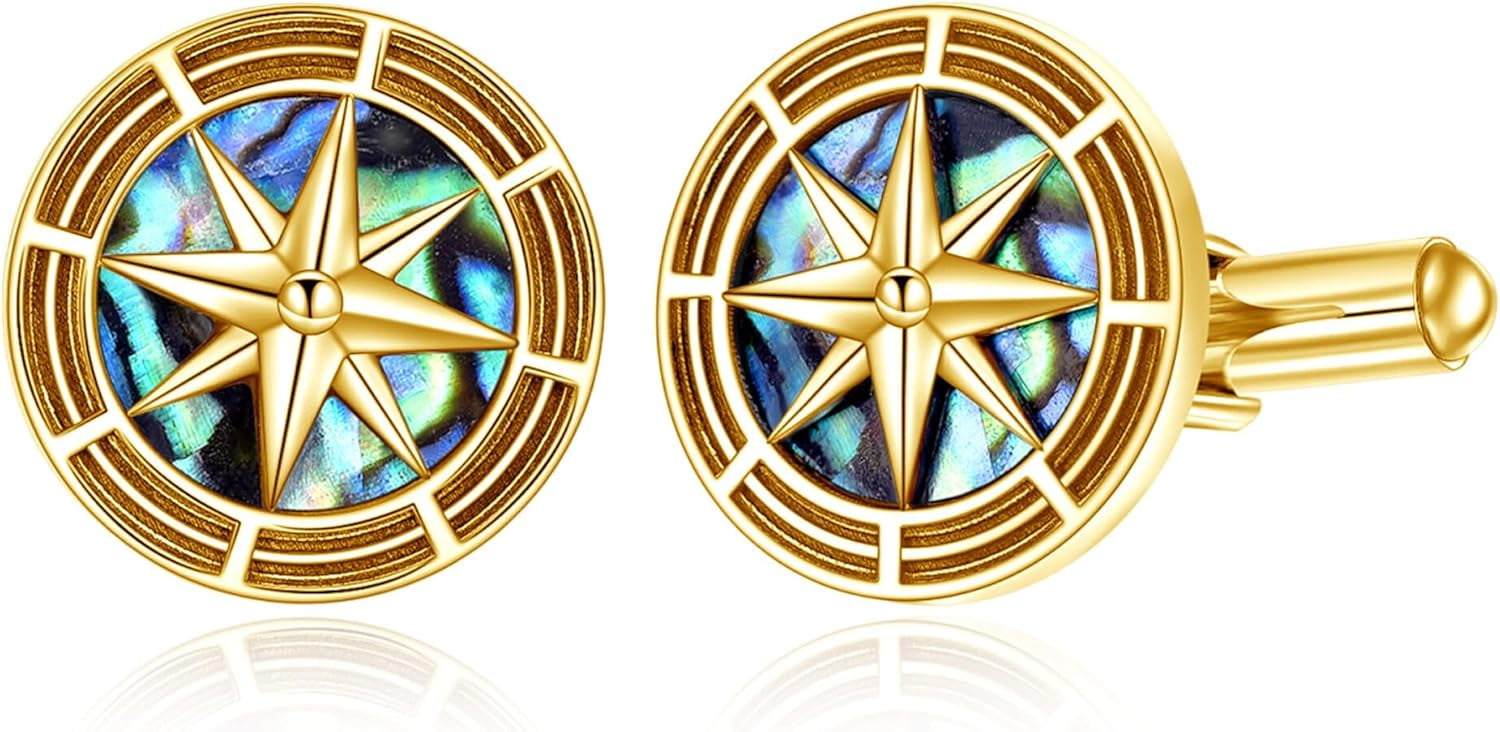 Gold Plated Comapss Cufflinks Sterling Silver Ablone Shell Compass ...
