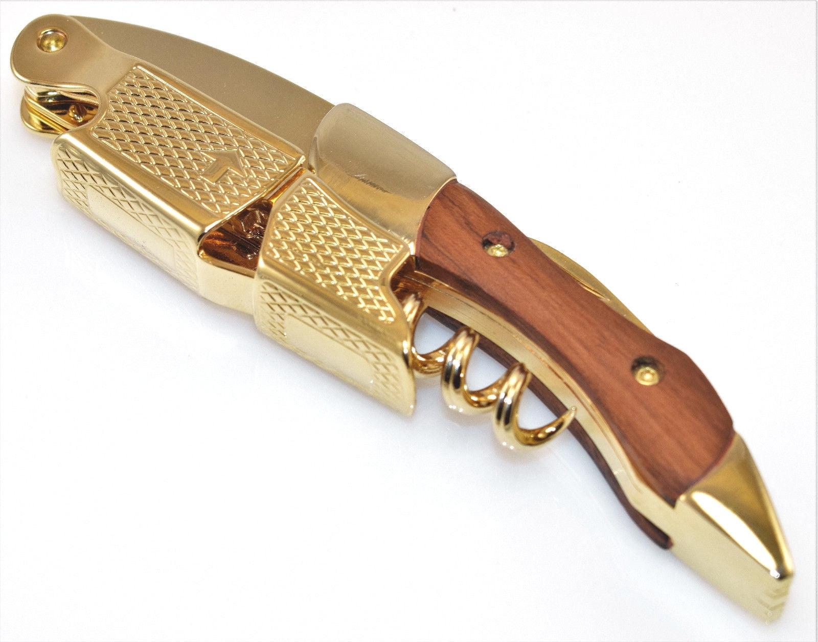 Gold Plated Corkscrew w/ Wood Handle Professional Double Hinge Waiters ...