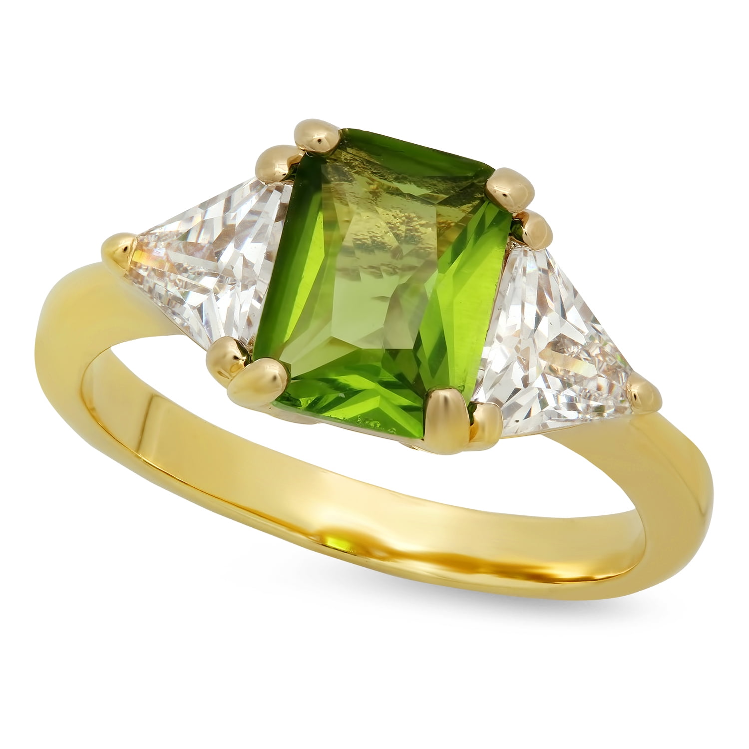 Gold Plated Emerald-Cut Chartreuse Green CZ Three-Stone Ring, Size 4 ...
