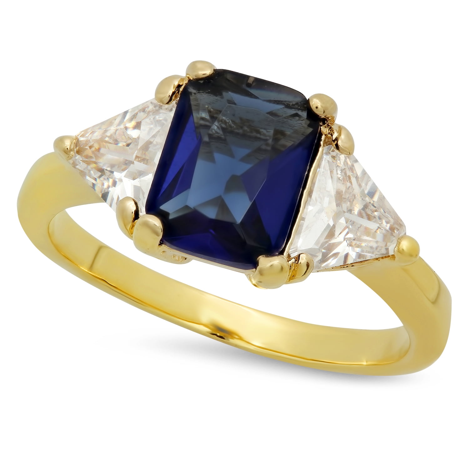 Gold Plated Emerald-Cut Dark Royal Blue CZ Three-Stone Ring, Size 6.5 ...