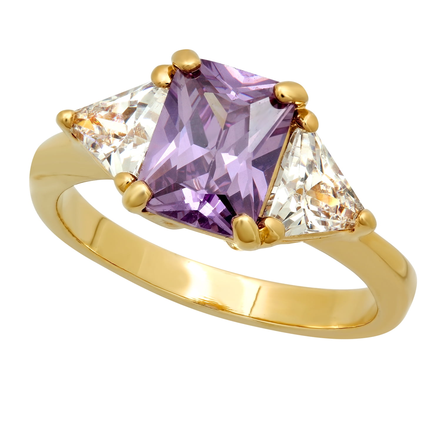 Gold Plated Emerald-Cut Light Lavender CZ Three-Stone Ring, Size 7 ...