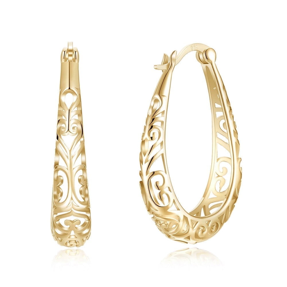 Gold Plated 925 Sterling Silver Hypoallergenic Filigree Teardrop Hoops ...