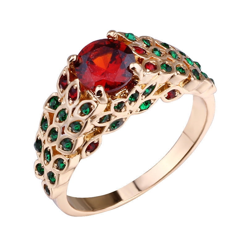 Womens Gold Plated Ring with Floral Design and Artificial Ruby Inlay ...