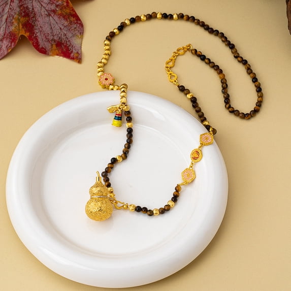 Gold-Plated Gourd Pendant Necklace with Tiger’s Eye Stone – Diamond ...