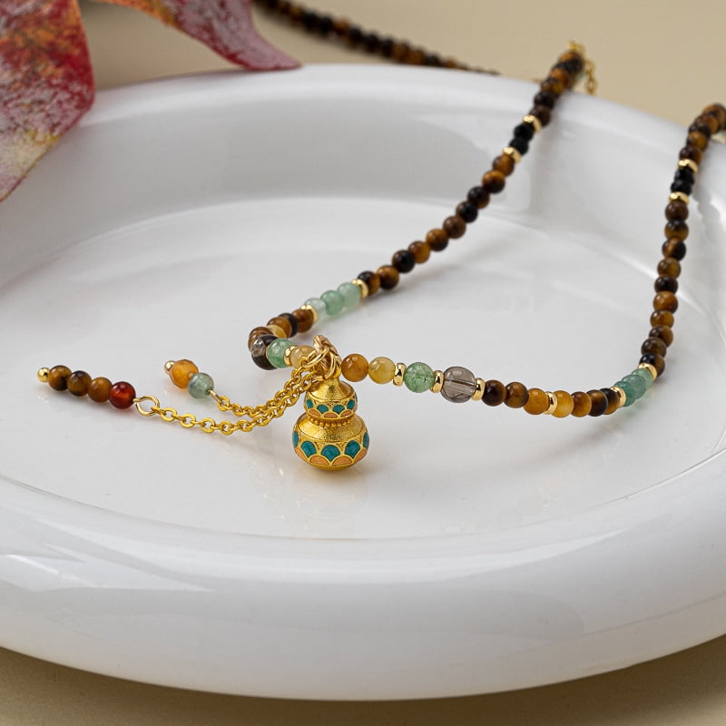 Gold-Plated Gourd Pendant Necklace with Tiger’s Eye Stone – Diamond ...