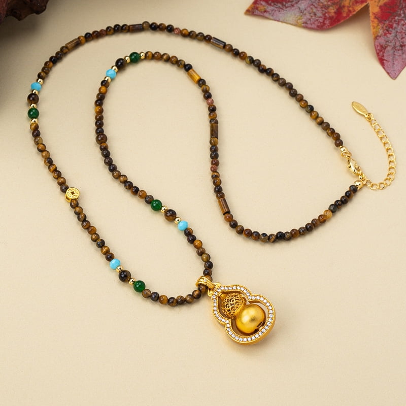 Gold-Plated Gourd Pendant Necklace with Tiger’s Eye Stone – Diamond ...