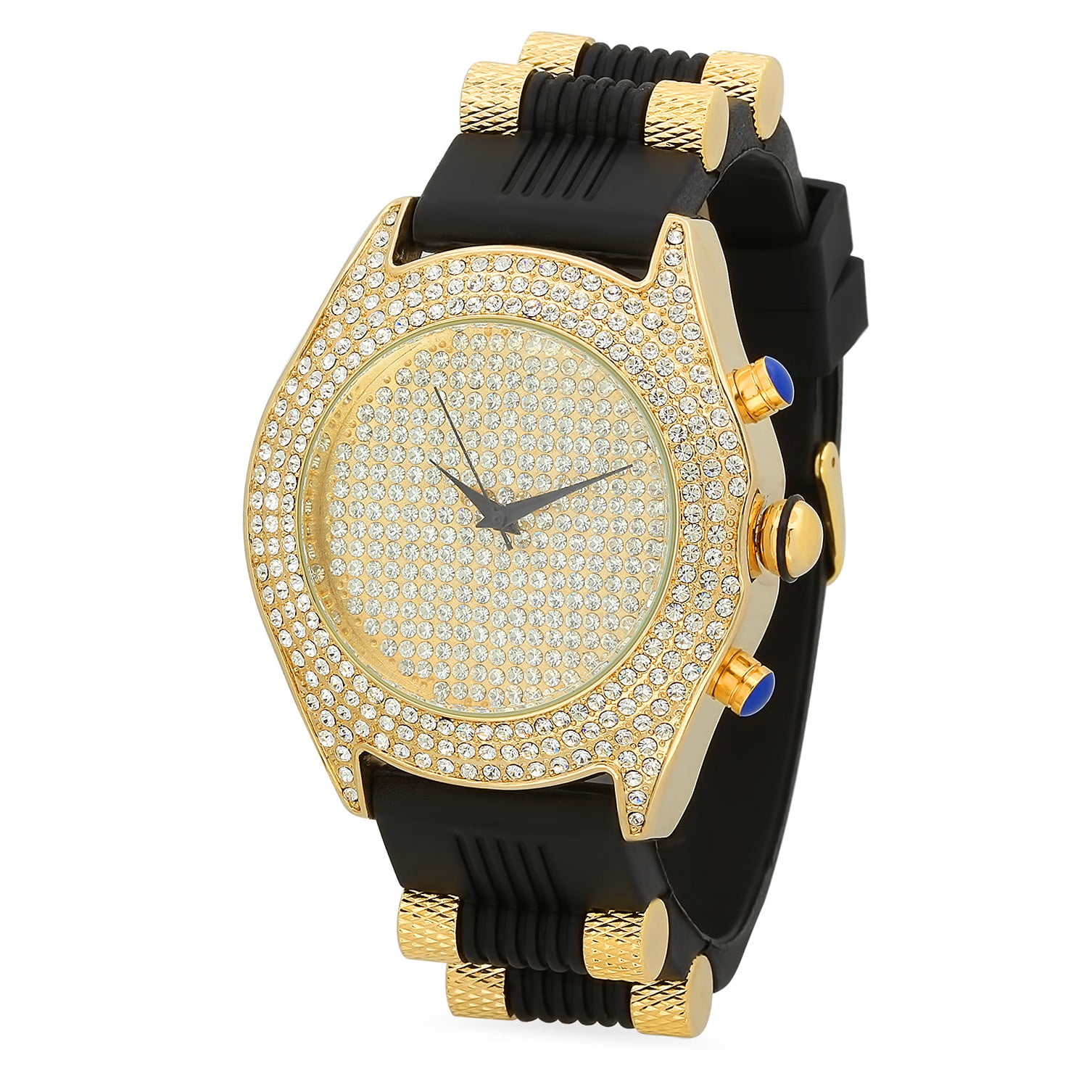 Gold Plated Ice Master Gold CZ Dial Watch w/CZ Bezel & Black Band ...