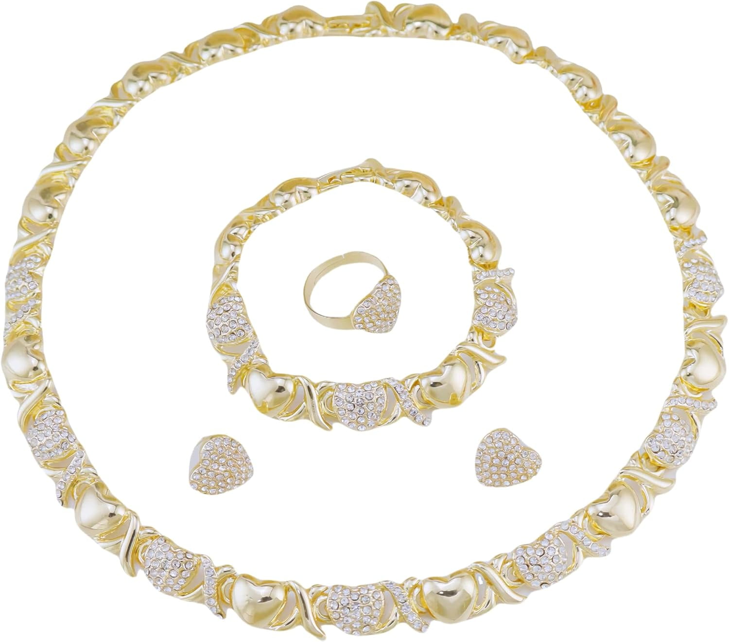 Gold Plated Jewelry Set for Women - Heart and XO Shaped Crystal Design ...