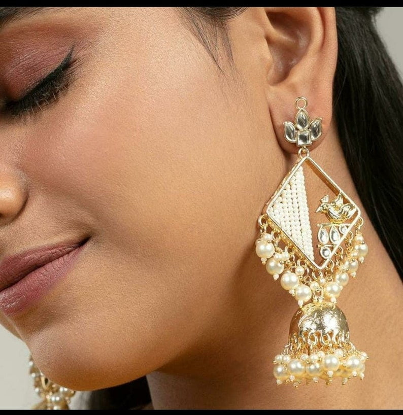 Gold Plated Pearl Drop Bird Motif Jhumka Earrings – Handcrafted ...