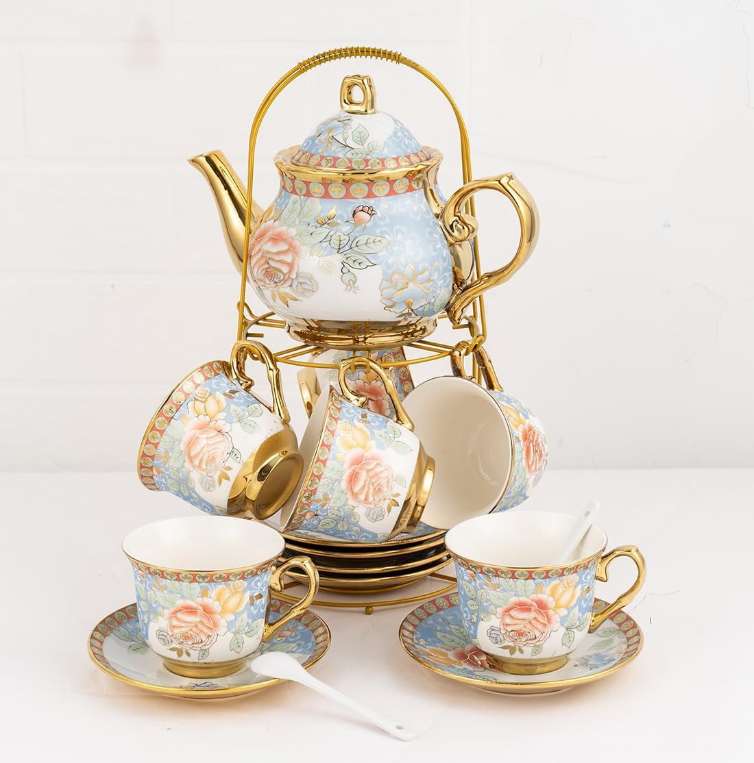 Gold Plated Red Rose Ceramic Tea Set, Vintage Tea Set with Teapot ...