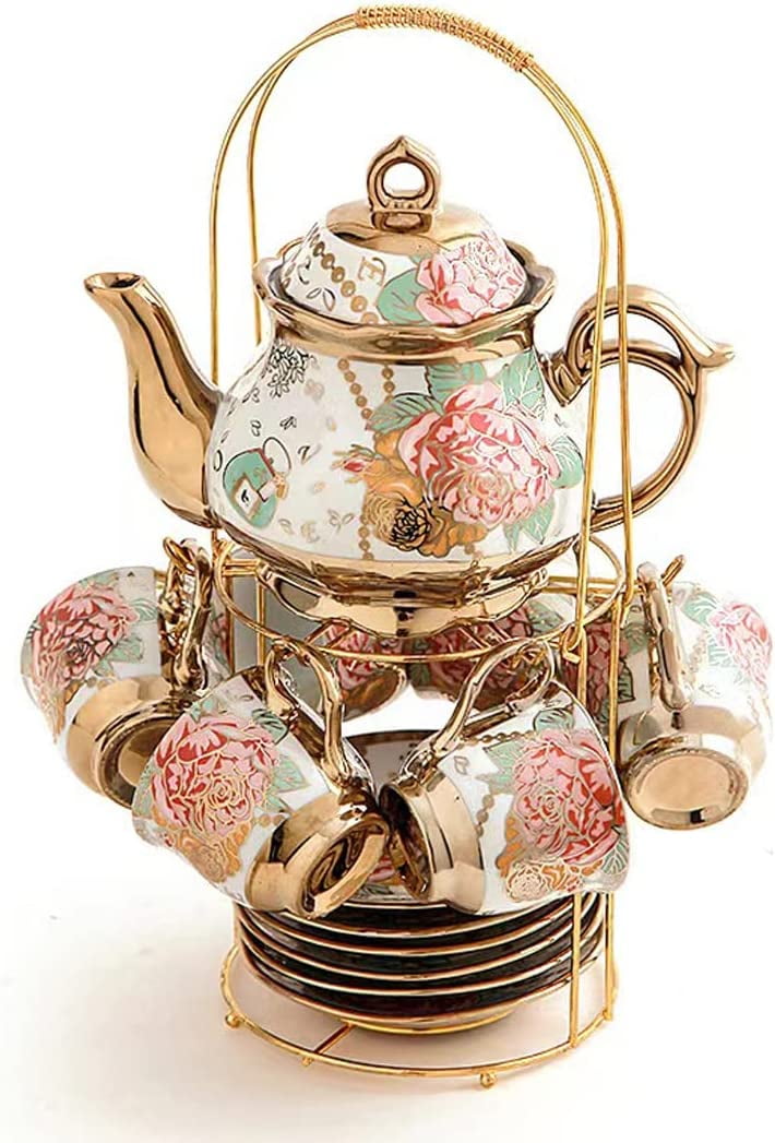Gold Plated Red Rose Ceramic Tea Set, Vintage Tea Set with Teapot ...