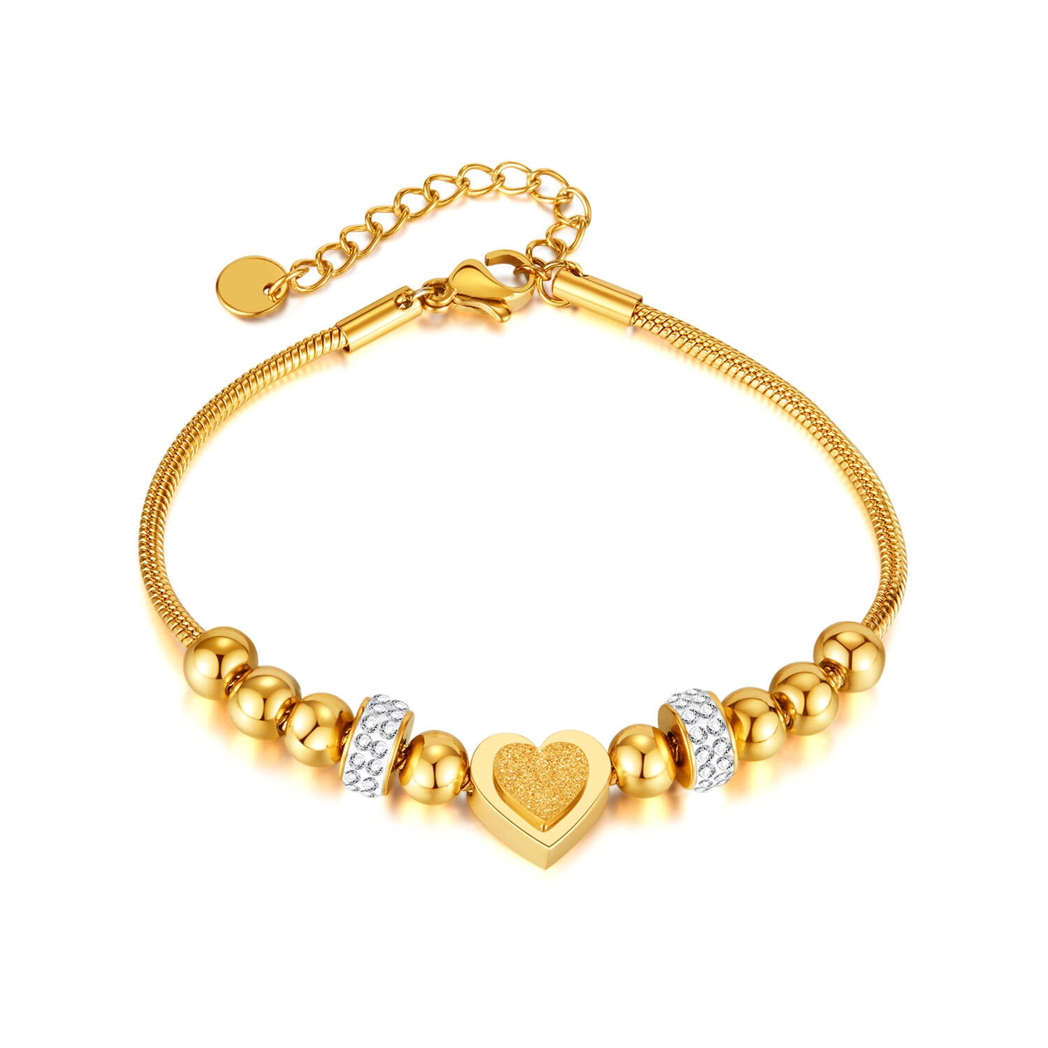Gold-Plated Stainless Steel Heart Bracelts for Women, CZ Crystal Beaded ...