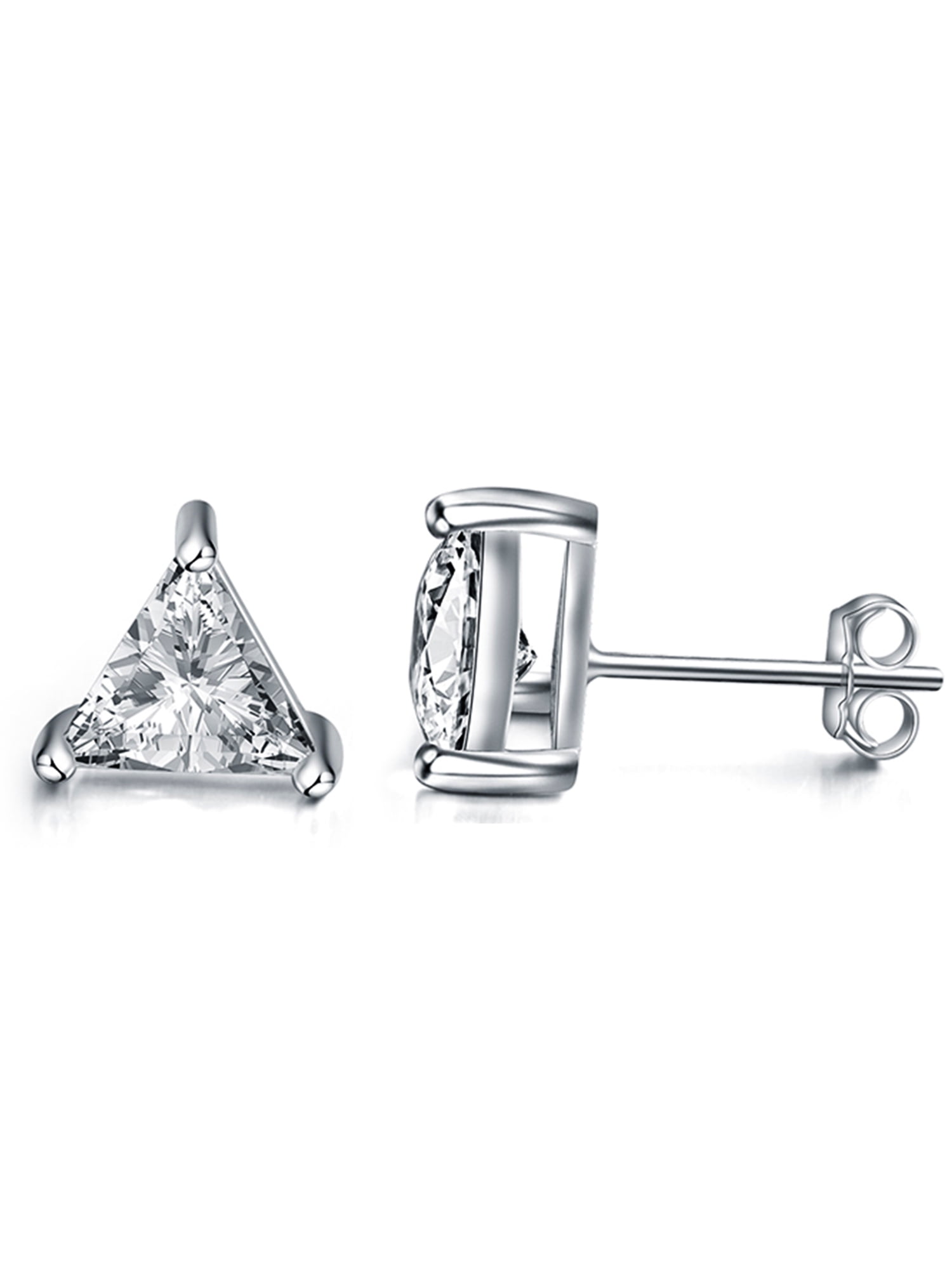 Gold Plated Sterling Silver 3 Prong Triangle Shape Cubic Zirconia Stud ...
