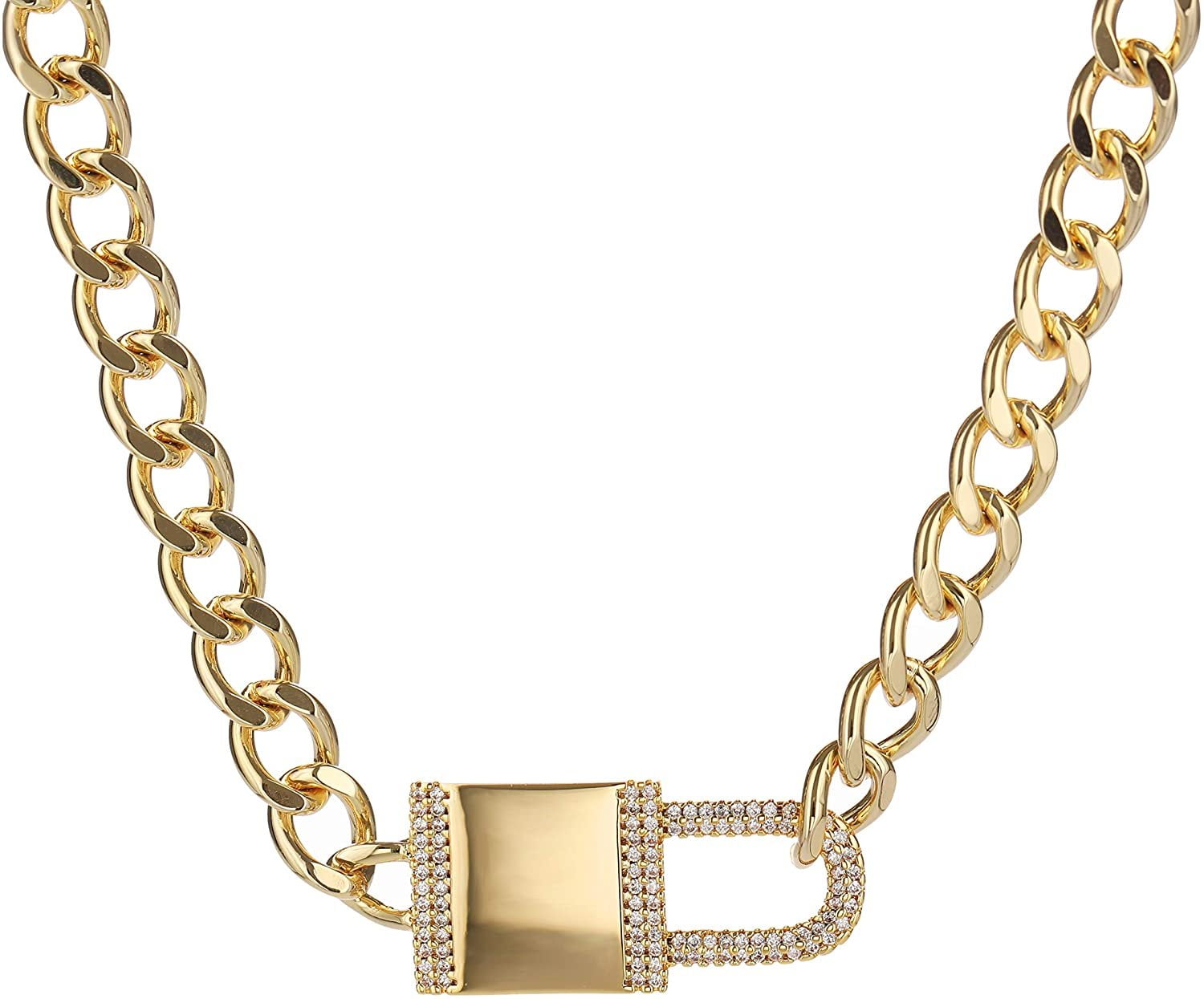 Gold Plated Trendy Cuban Link Chain With Micro Pave Lock Charm Mens ...