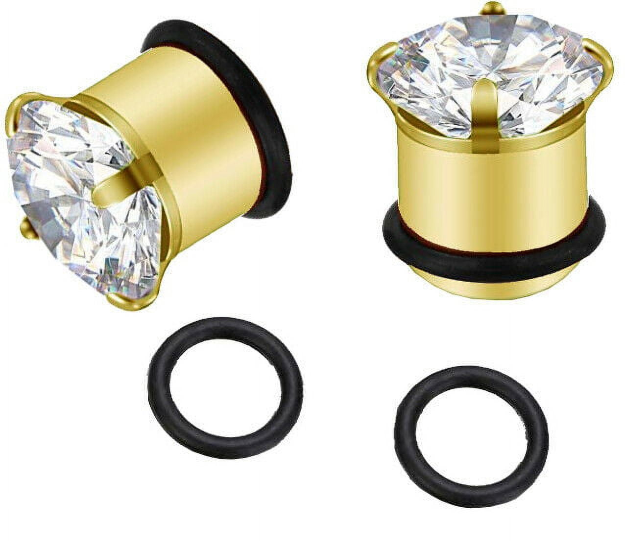 Gold Plugs 0 Ring Style with Prong Cubic Zirconia Surgical Steel- Sold ...