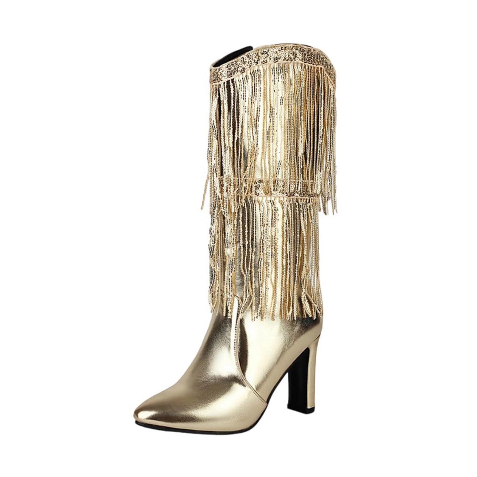 Gold Pointed Toe Mid Calf Boots Women Side Zipper High Heel For ...