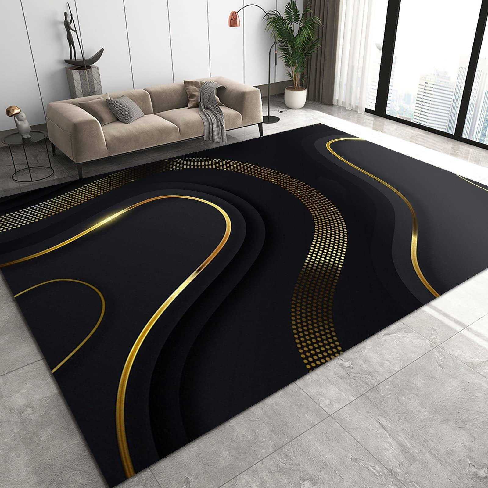 Gold Polka Dot Line Texture Area Rugs, 3D Black Background Indoor Rugs ...