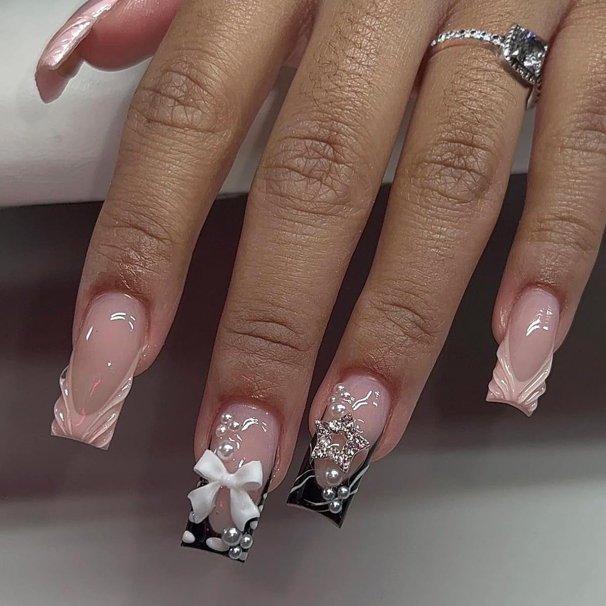 Gold Press On Nails Almond Medium, Cute Fake Nails Press ons With 3D ...