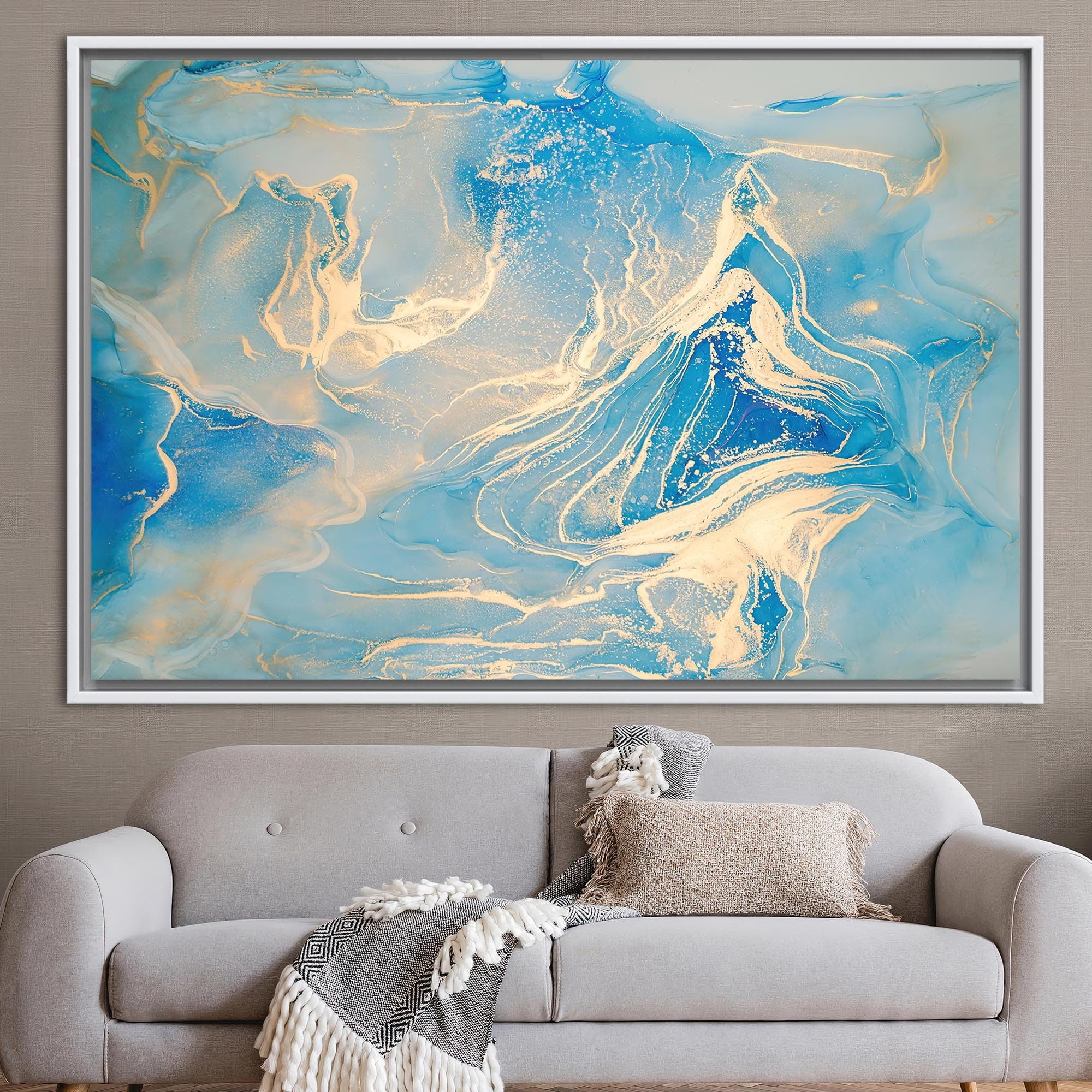 Gold Printed, Blue Marble Canvas, Shimmery Marble Wall Decor, Blue And ...