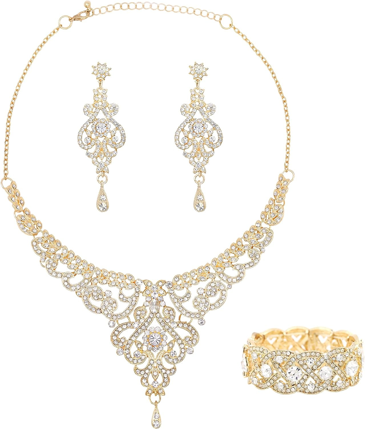 Gold Prom Jewelry Wedding Jewelry Set Bridal Necklace Rhinestone ...