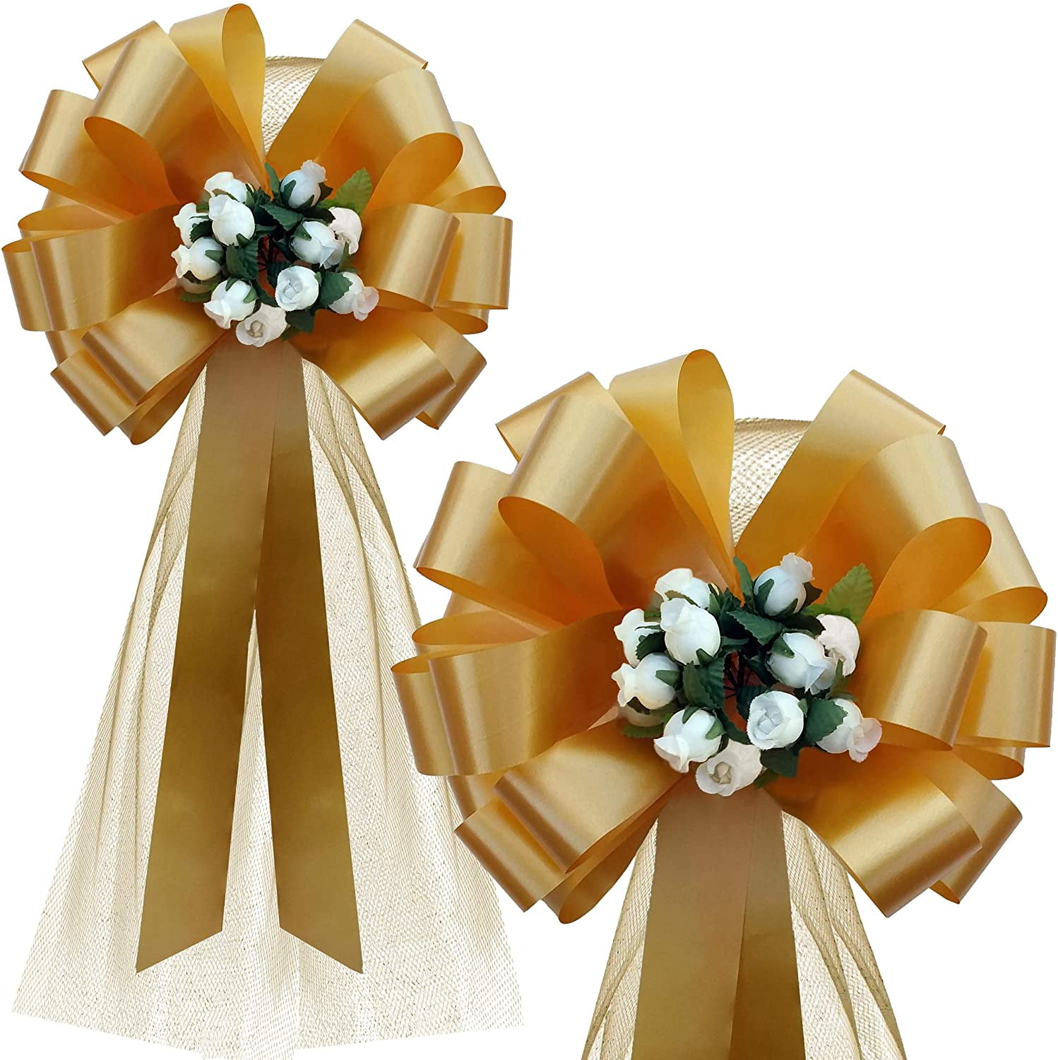 Gold Pull Bows with Gold Tulle Tails and Rosebuds - 8" Wide, Set of 6 ...