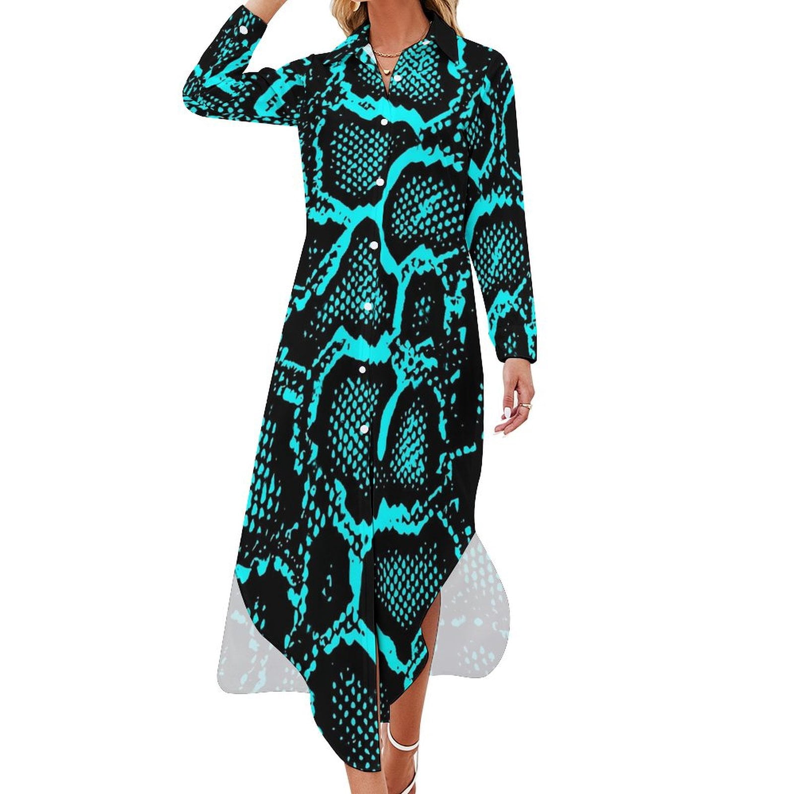 Gold Python Snake Chiffon Dress Animal Beach Dresses Women Long Sleeve ...