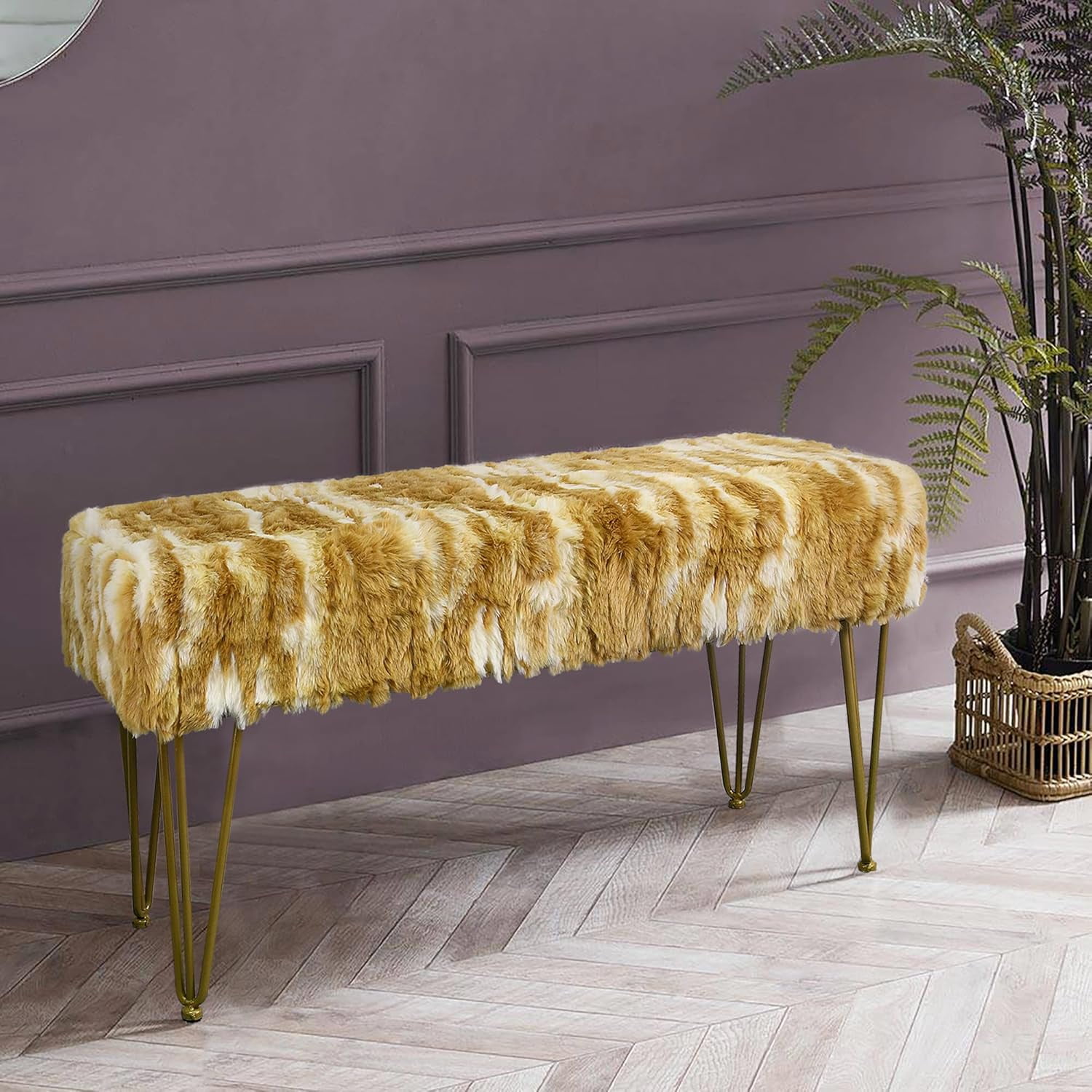 Gold Rectangle Long Soft Faux Fur Ottoman 46"x16"x22" Sturdy Accent ...