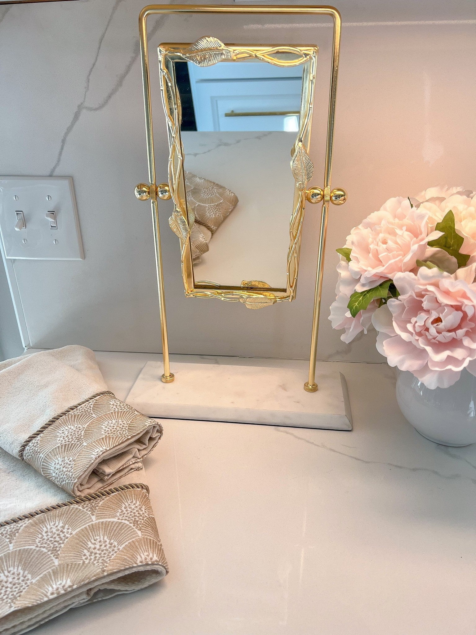Gold Rectangle Table Mirror with Leaf Border Design and Marble Base ...