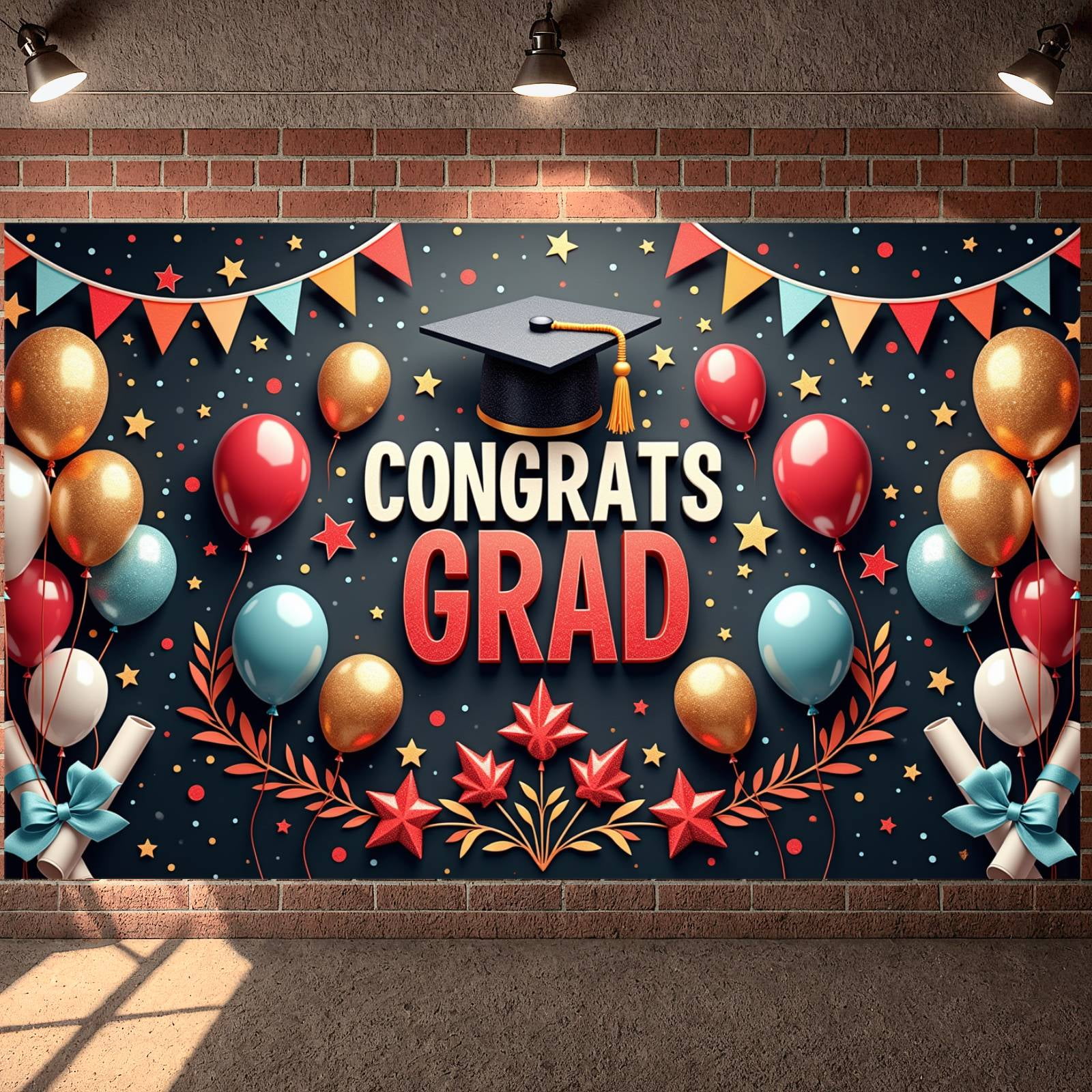 Gold Red Balloons Graduation Banner Star Decor Congrats Grad Display ...