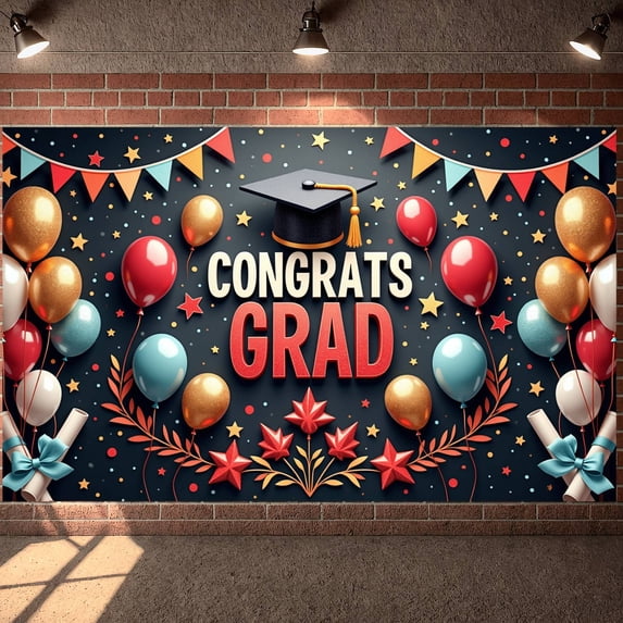 Gold Red Balloons Graduation Banner Star Decor Congrats Grad Display ...