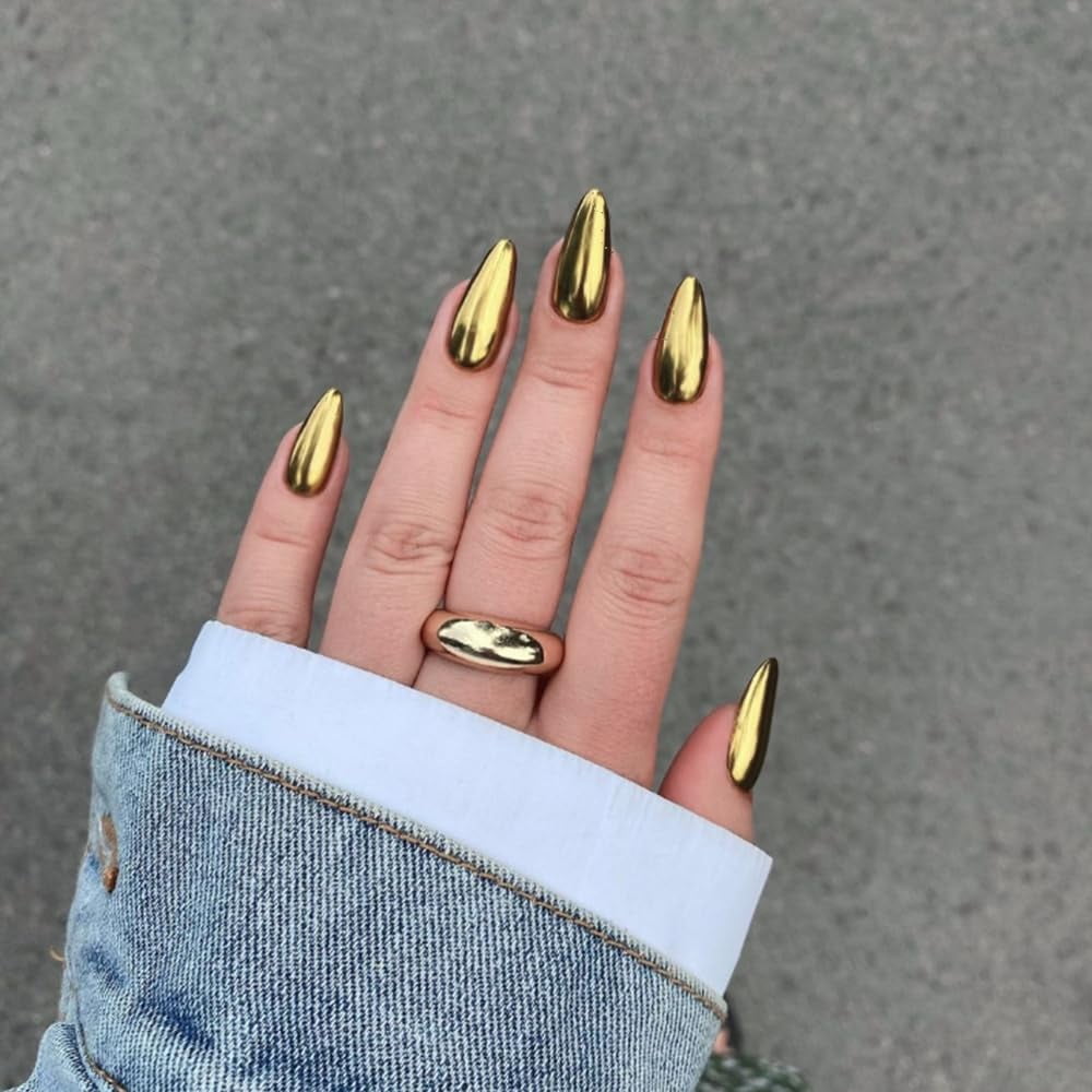 Gold Red Chrome Press on Nails Medium Almond, Gold Nails Chrome Fake Nails Plating Mirror Metal ...