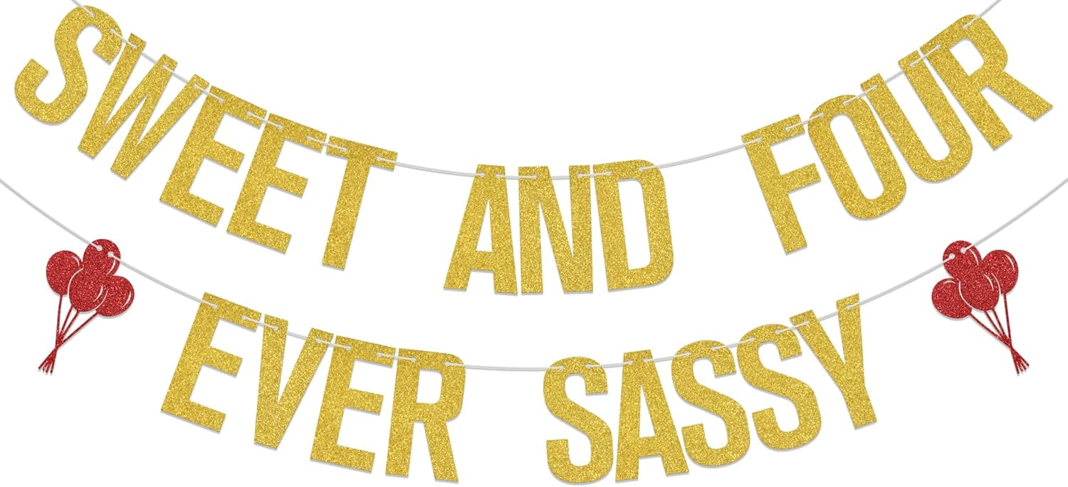 Gold Red Glitter Sweet And Four Ever Sassy Banner with Red Balloon ...