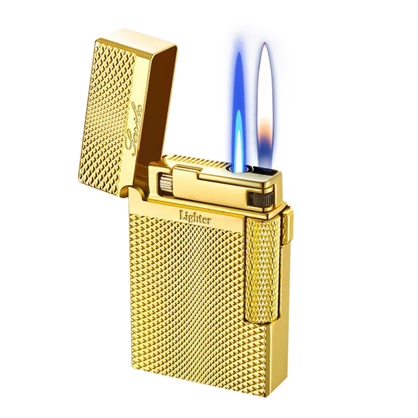 Gold Refillable Metal Lighter With Sliding Wheel Diamond Pattern Dual ...