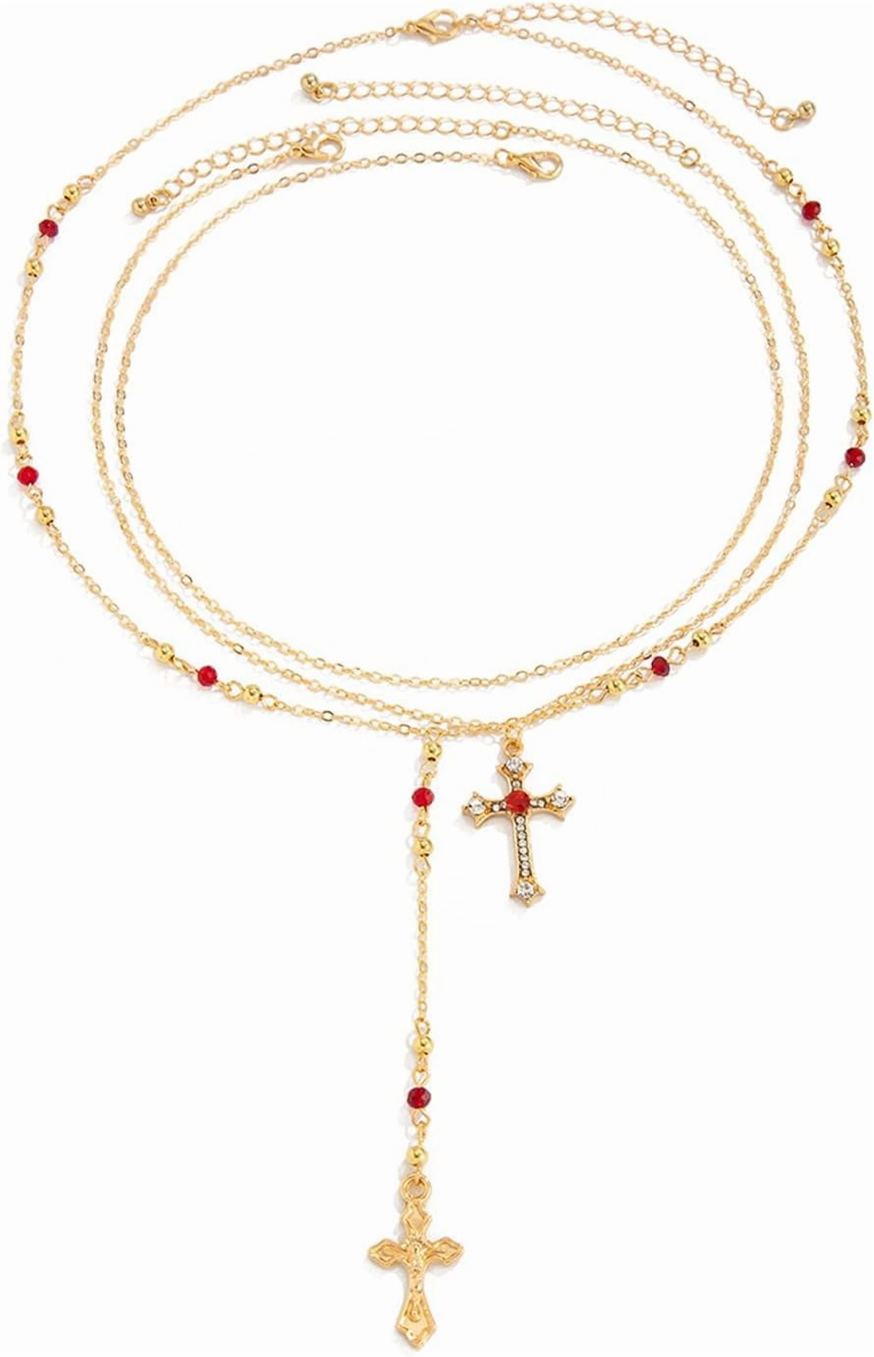 Gold Rhinestone Cross Pendant Necklace,Summer Beach Multi Layered Bead ...