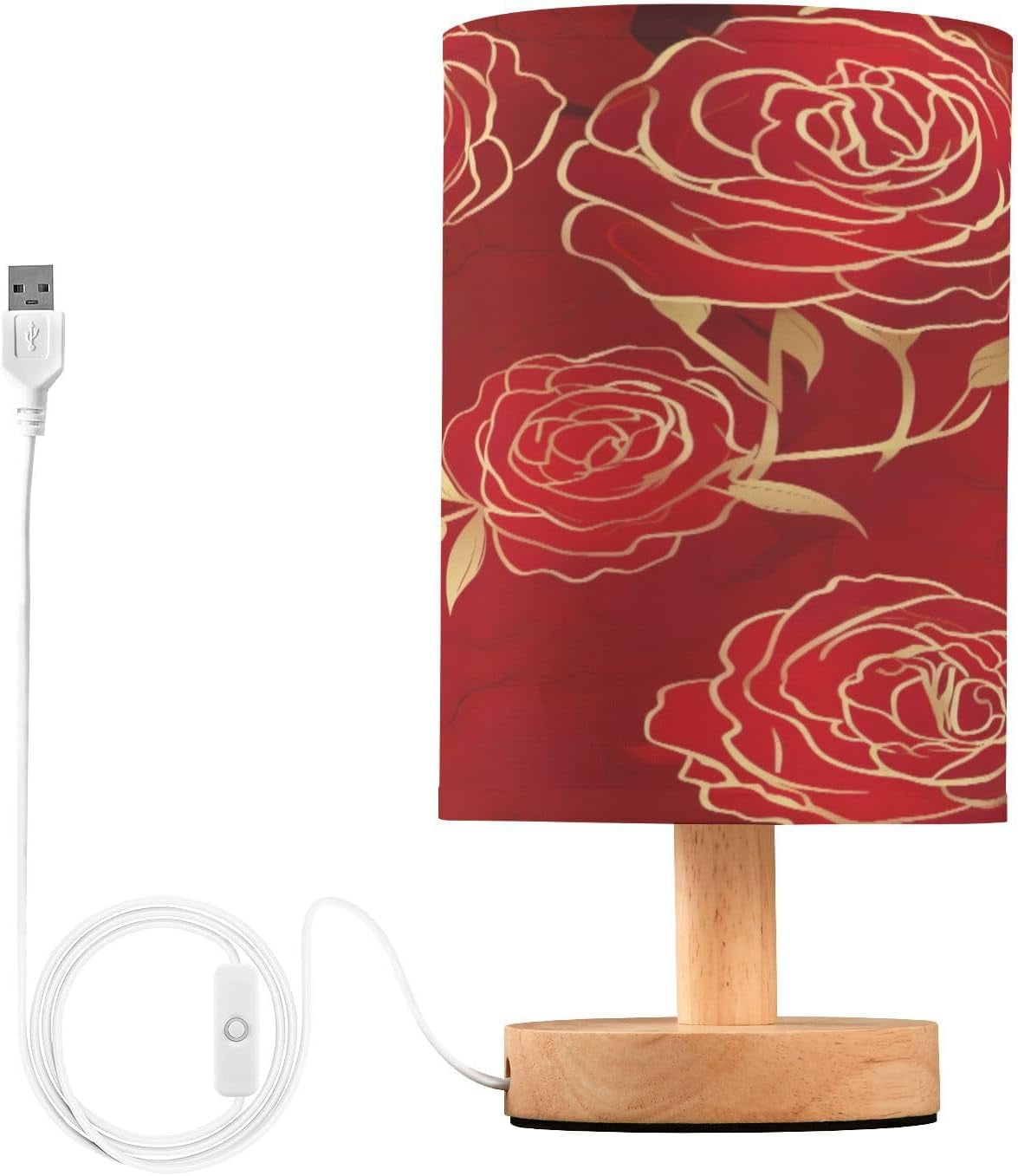 Gold Roses Red Bedside Table Lamp with Wood Base, Simple Round Flaxen ...