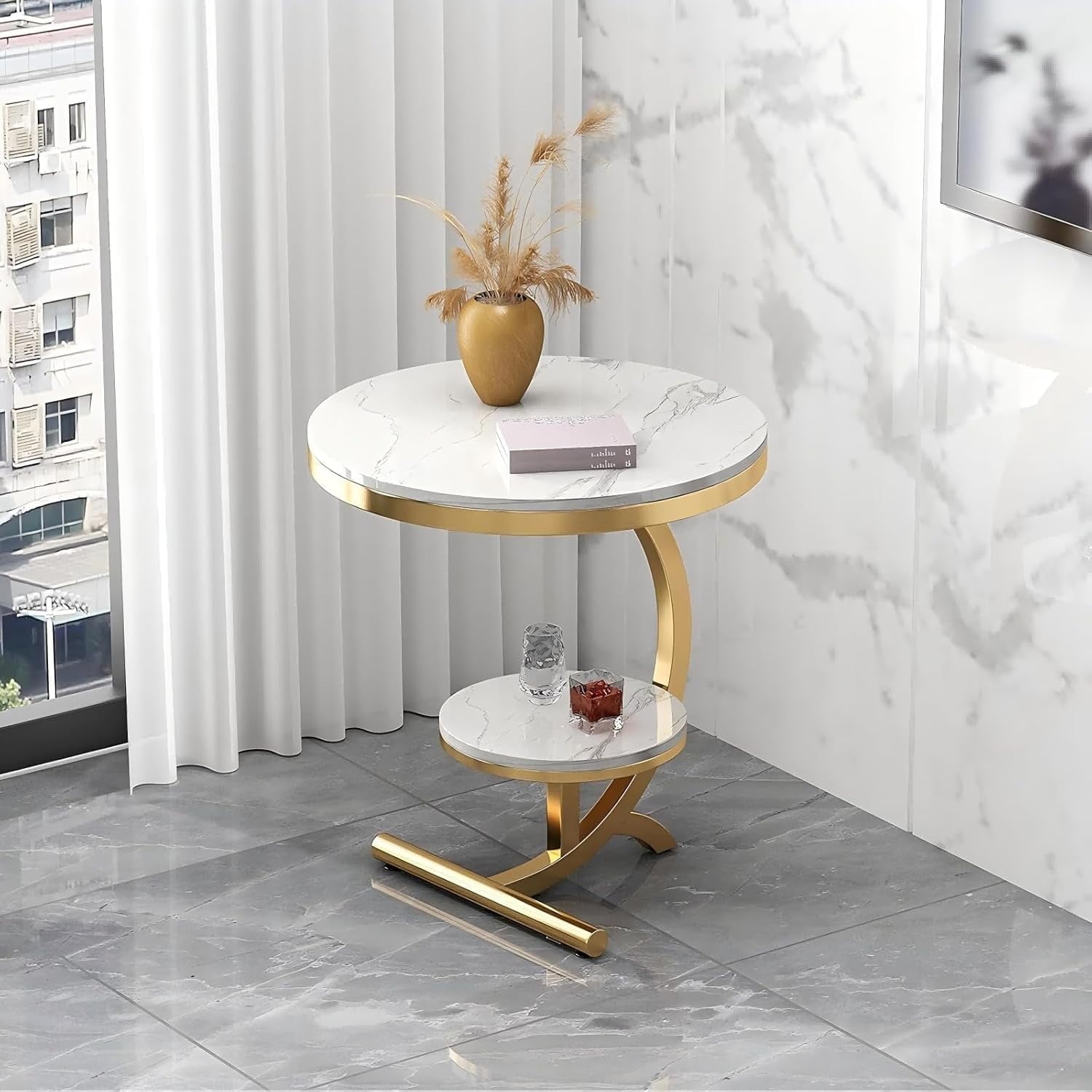 Gold Round End Table 2 Tiers Marble Side Table with Storage Shelf ...