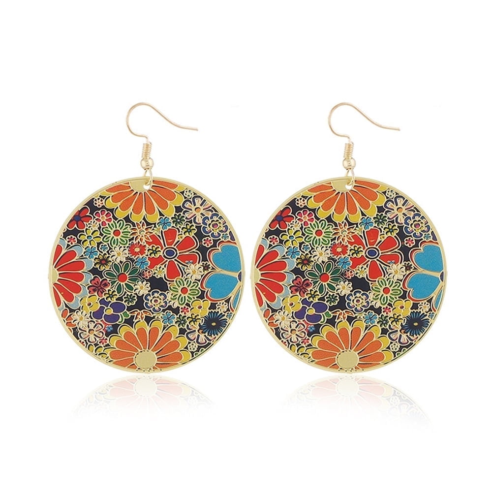 Gold Round Flower Disc Drop Dangle Earrings for Women Disk Big ...