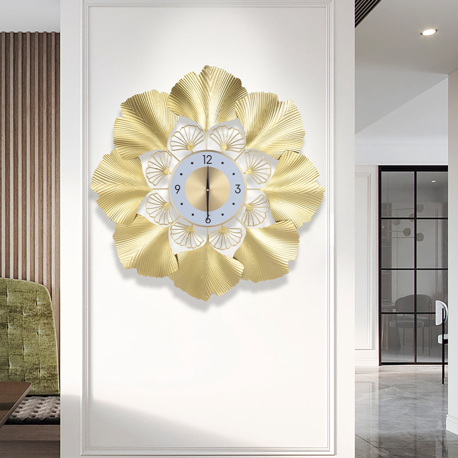 Gold Round Ginkgo Biloba Wall Clock Large Wall Watch Living Room Home ...