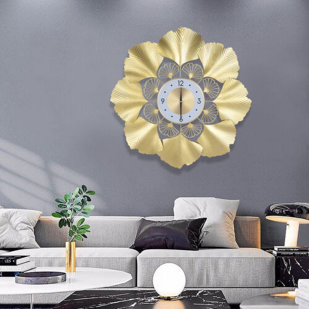 Gold Round Ginkgo Biloba Wall Clock Non-marking Nail Installation Wall ...